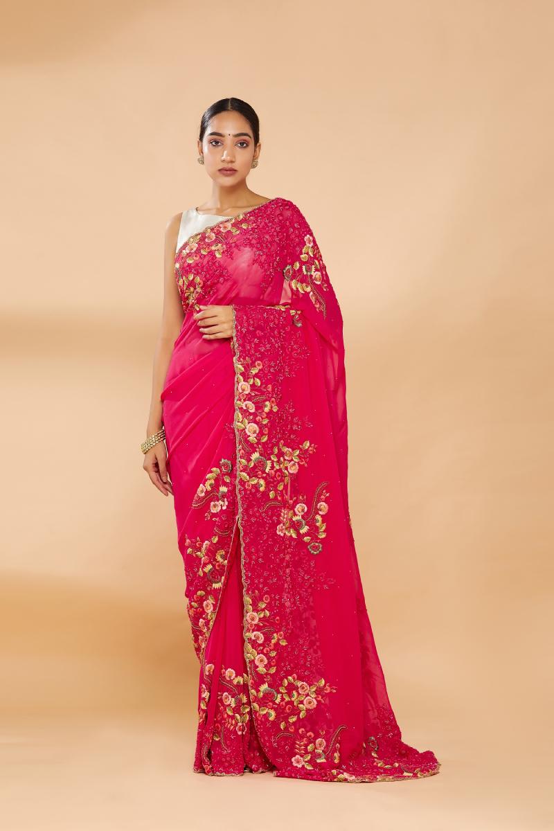 Buy Ruby Pink Embroidered Saree For Women Online