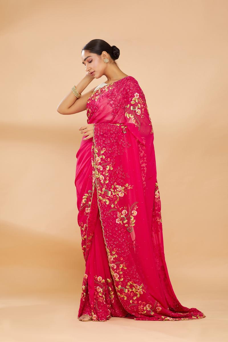 Buy Ruby Pink Embroidered Saree For Women Online
