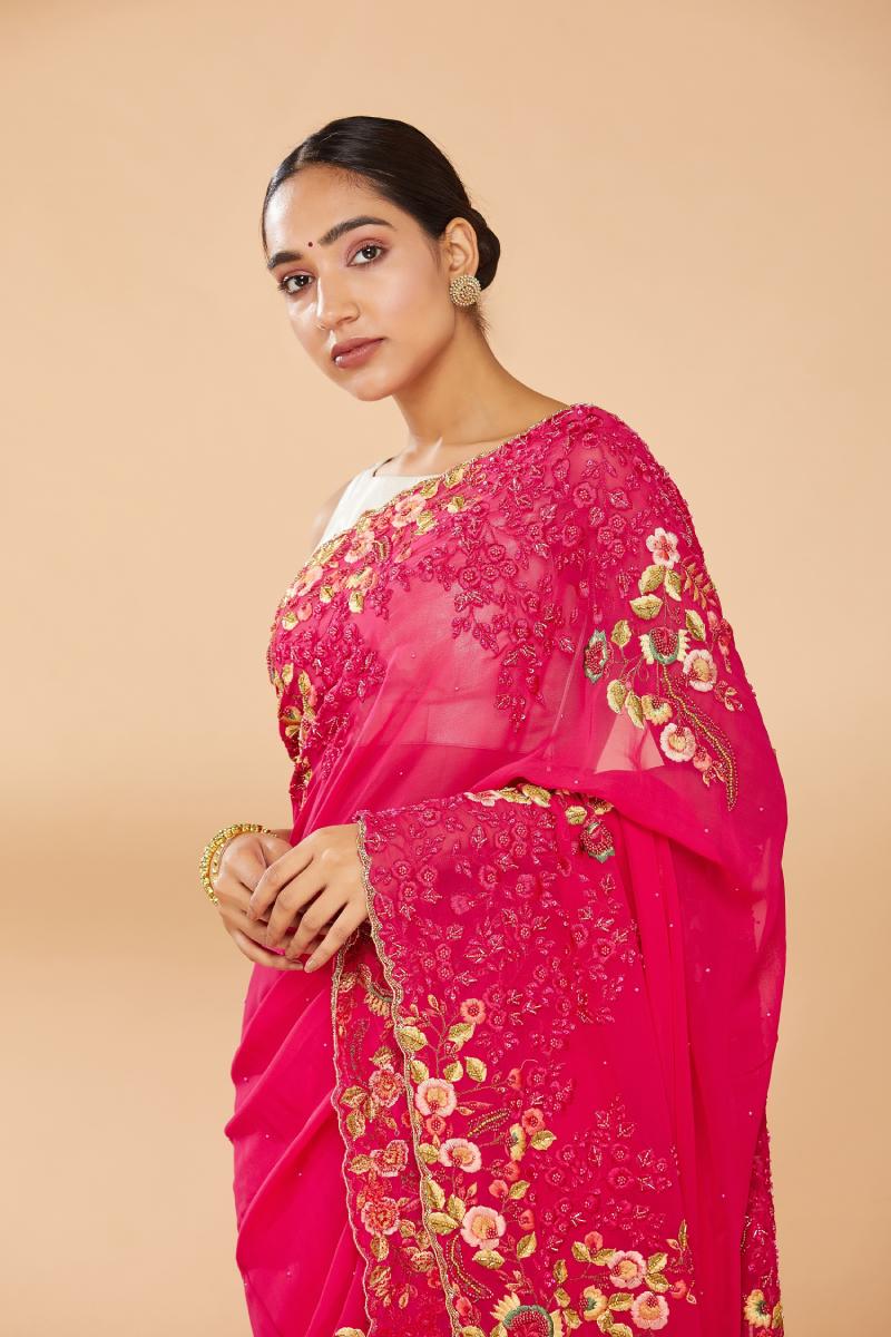 Buy Ruby Pink Embroidered Saree For Women Online