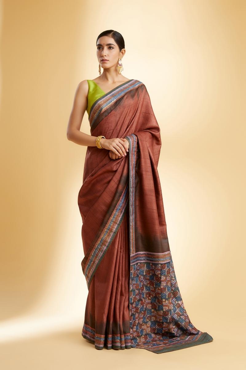 Buy Rust and Brown Ombre Tussar Saree For Women Online
