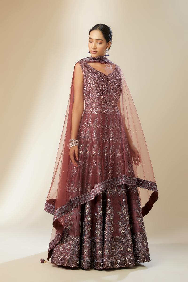 Buy Red Onion Raw Silk Anarkali Set For Women Online