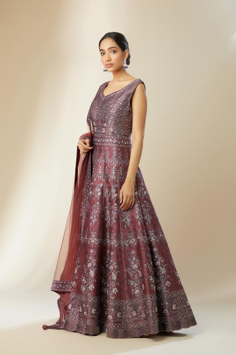Buy Red Onion Raw Silk Anarkali Set For Women Online