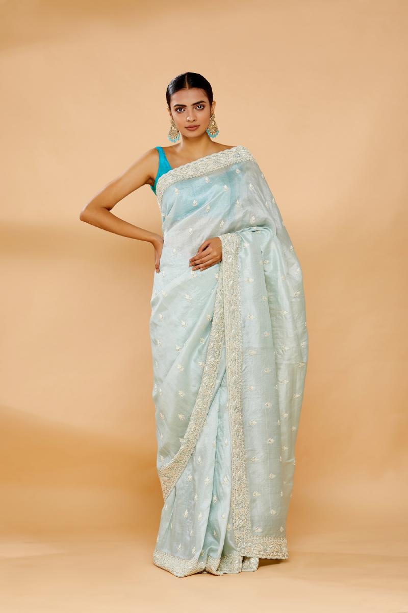 Buy Ice Blue Embroidered Saree For Women Online