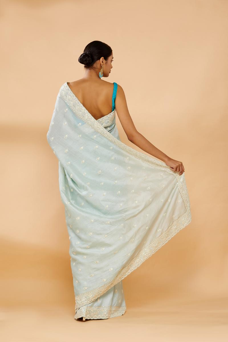Buy Ice Blue Embroidered Saree For Women Online