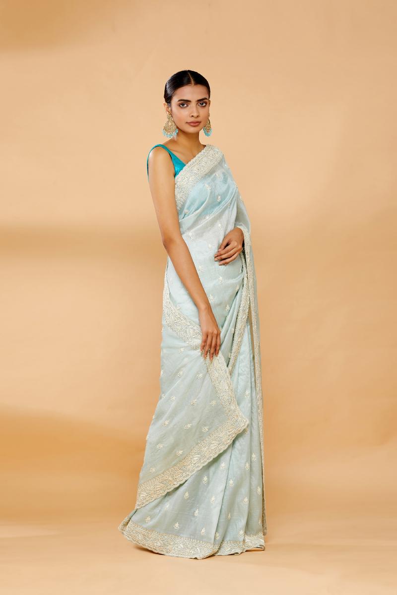 Buy Ice Blue Embroidered Saree For Women Online