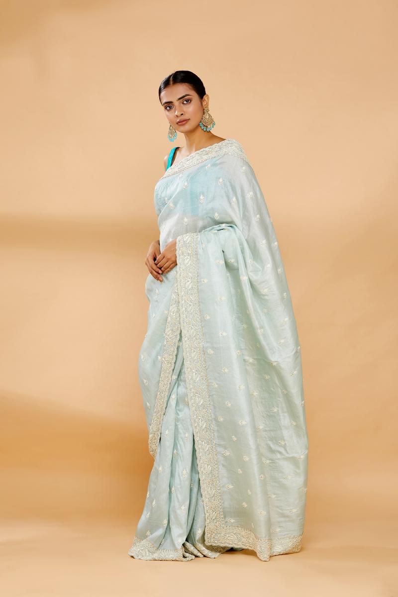 Buy Ice Blue Embroidered Saree For Women Online