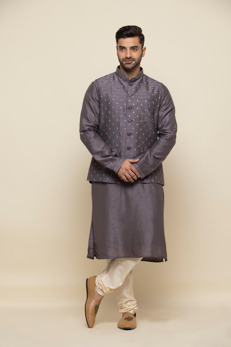 Slate Grey Silk Jacket Set- Frontier Raas