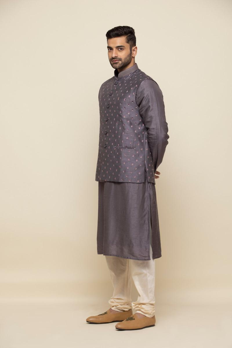Slate Grey Silk Jacket Set- Frontier Raas