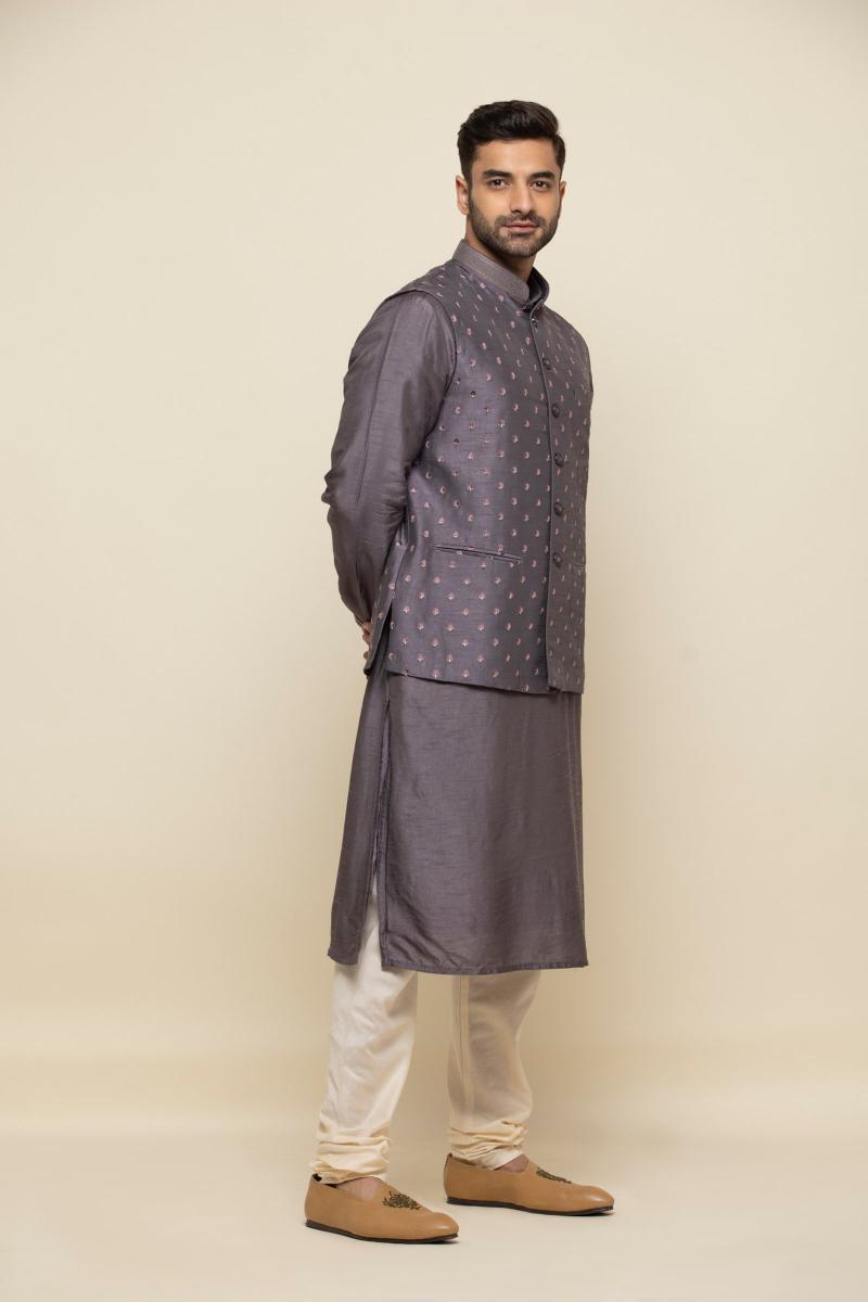 Slate Grey Silk Jacket Set- Frontier Raas