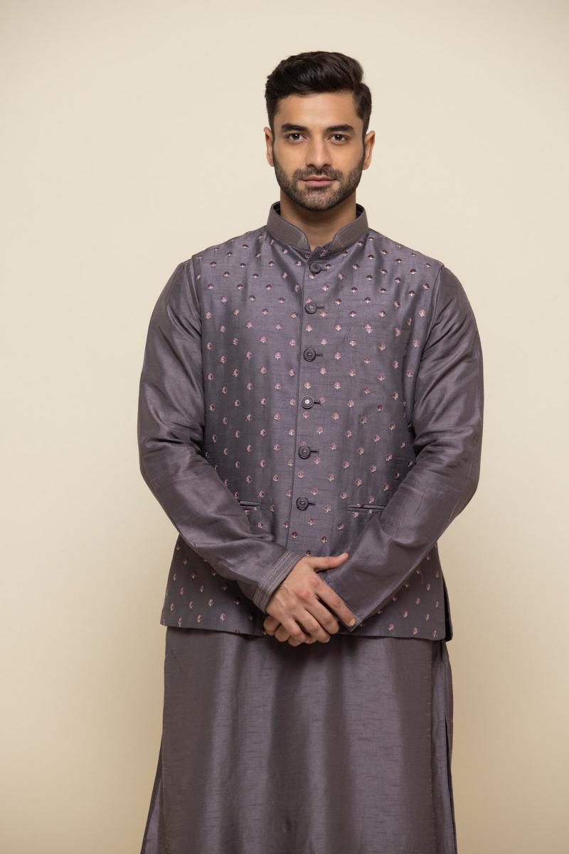 Slate Grey Silk Jacket Set- Frontier Raas