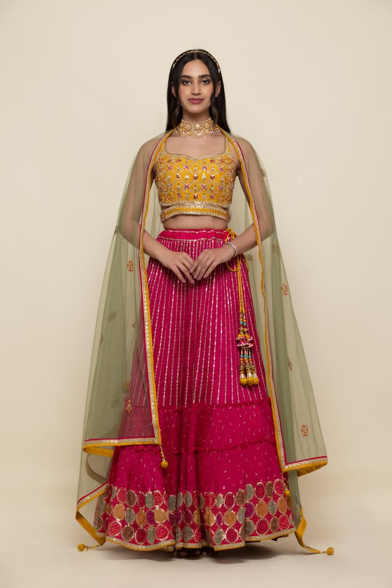 Magenta and Yellow Chiffon Lehenga- Frontier Raas