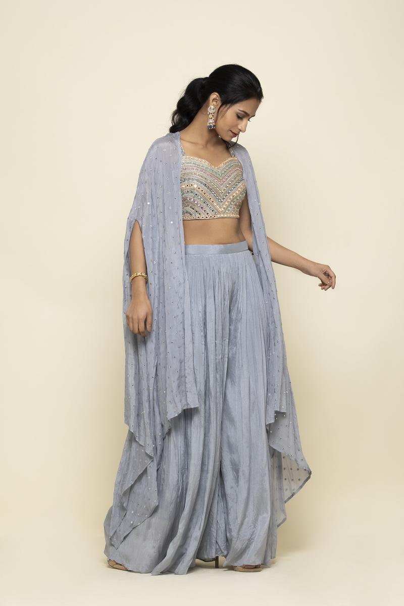 Ice Grey Chiffon Sharara- Frontier Raas