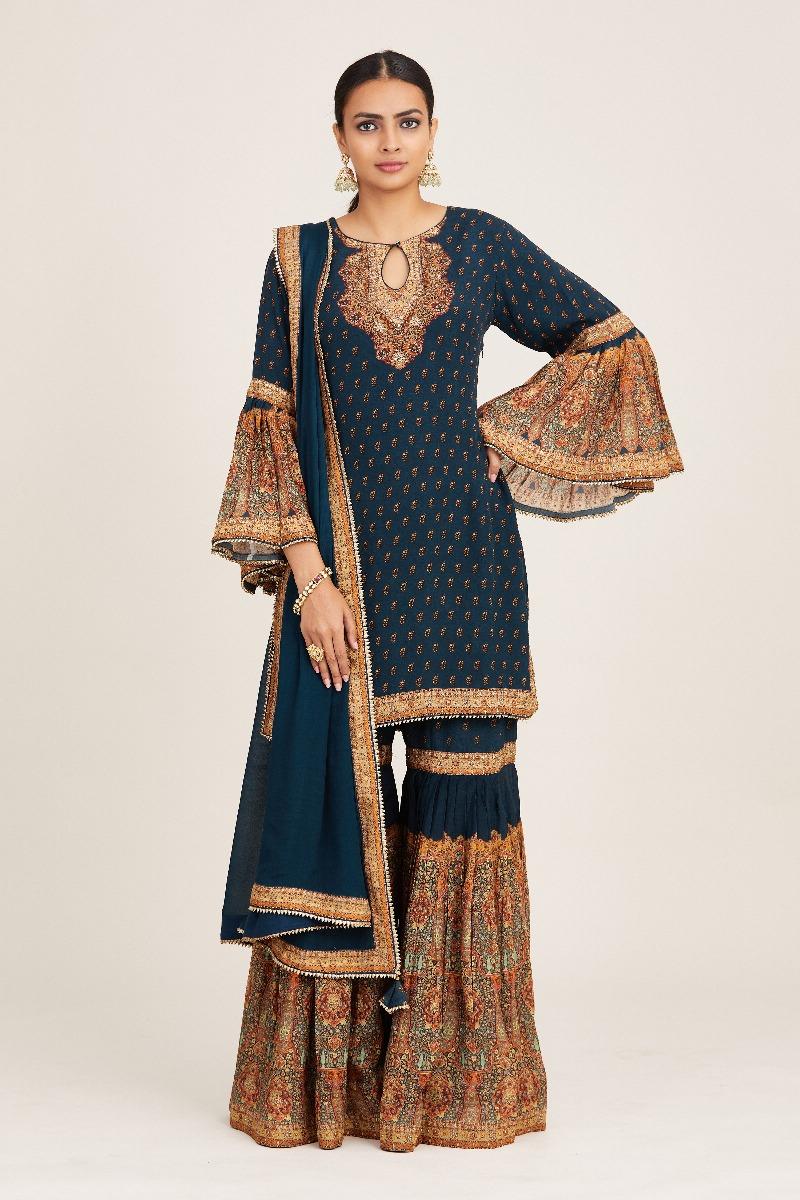Buy Blue flare sleeve sharara set For Women Online