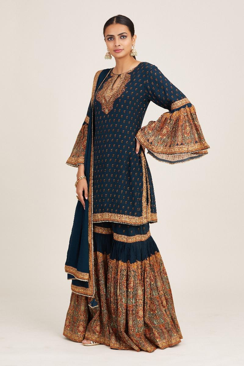 Buy Blue flare sleeve sharara set For Women Online