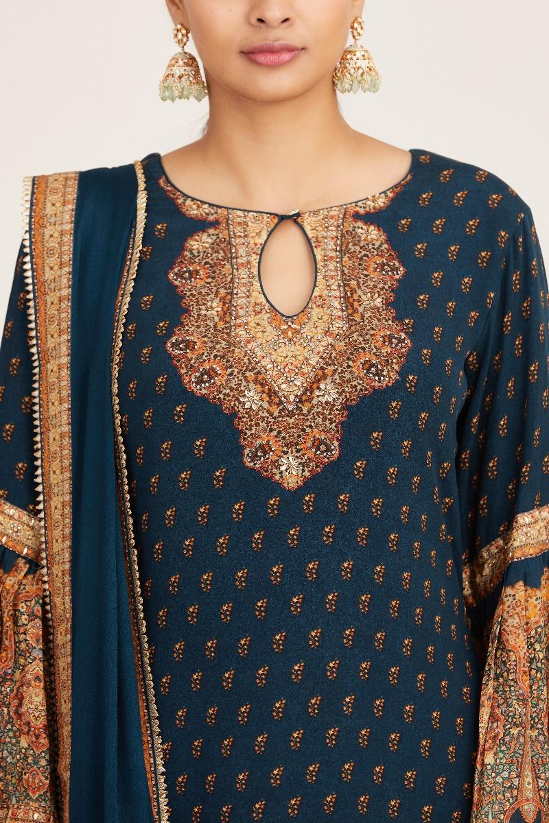 Buy Blue flare sleeve sharara set For Women Online