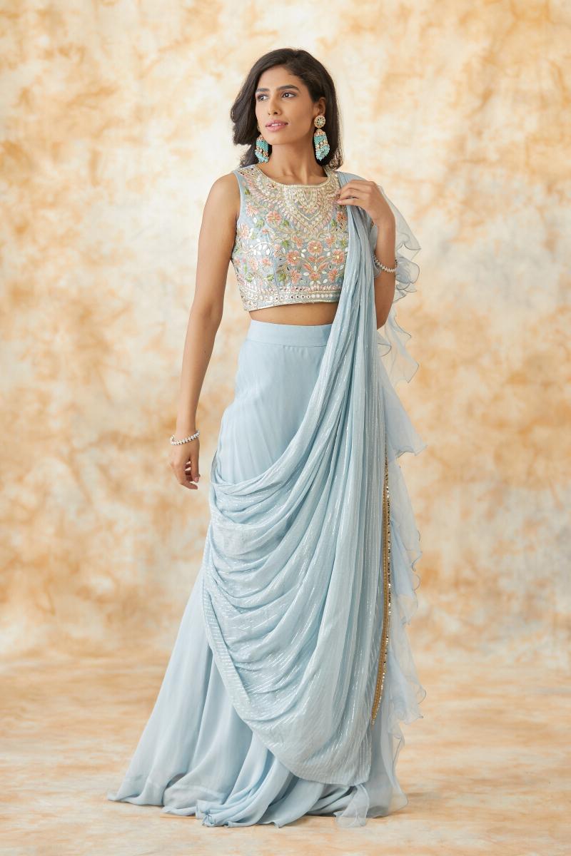 Buy Powder Blue Drape Saree For Women Online - Frontierraas