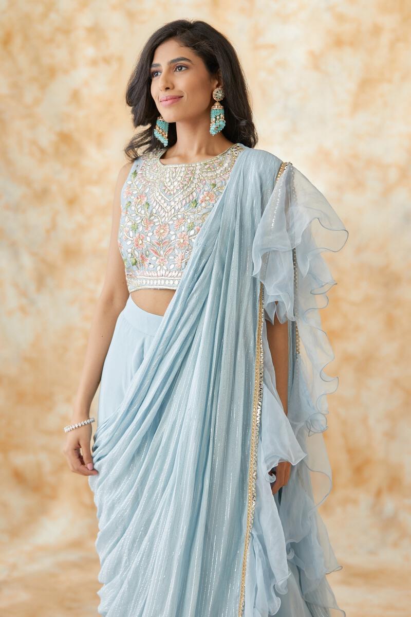 Buy Powder Blue Drape Saree For Women Online - Frontierraas