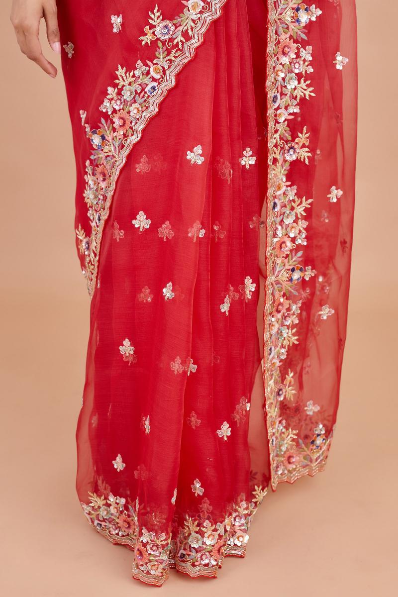 Buy Cherry Red Organza Saree For Women Online