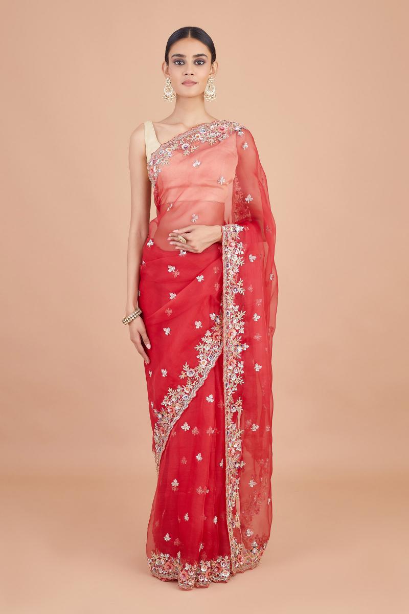 Buy Cherry Red Organza Saree For Women Online