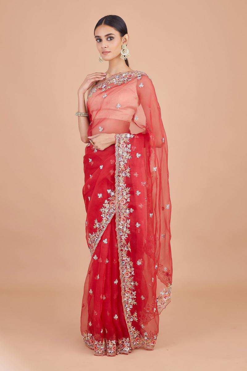 Buy Cherry Red Organza Saree For Women Online