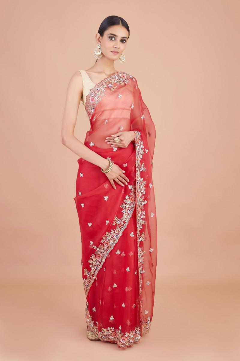 Buy Cherry Red Organza Saree For Women Online