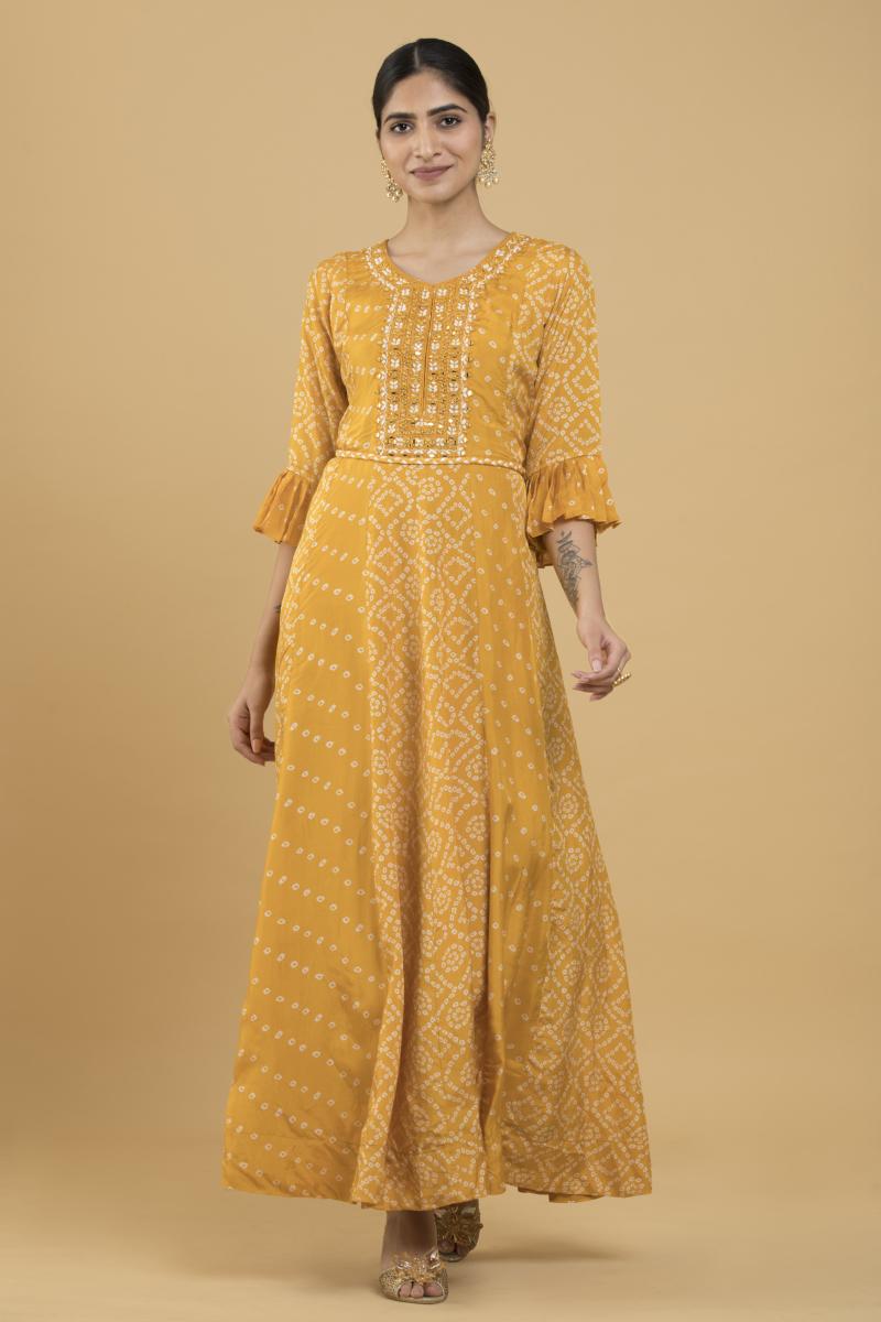 Buy Yellow Bandhani Anarkali For Women Online - Frontierraas