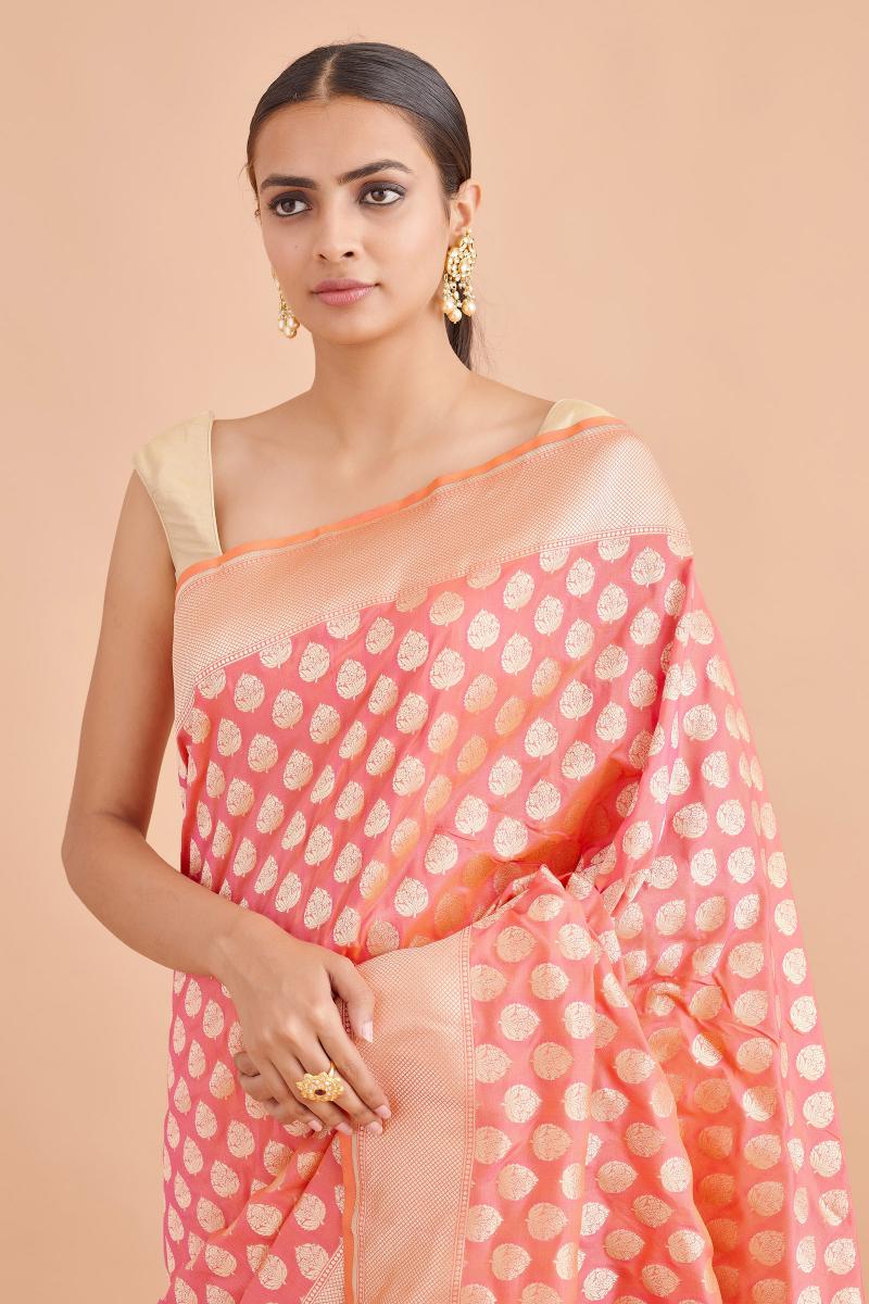 Buy Coral Silk Organza Saree For Women Online