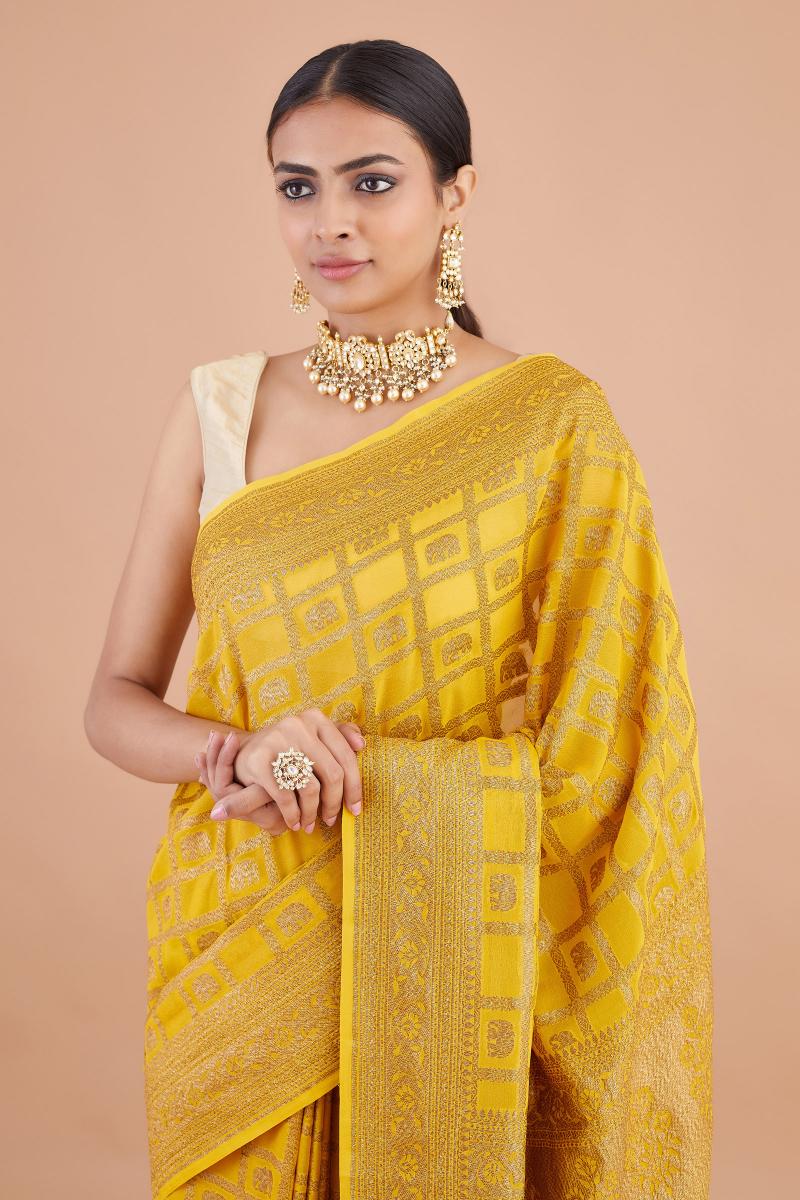 Buy Elephant Motif Mustard Saree For Women Online