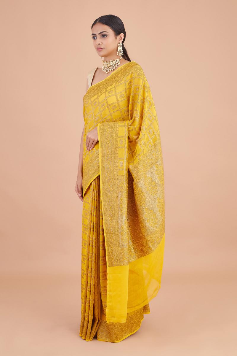 Buy Elephant Motif Mustard Saree For Women Online