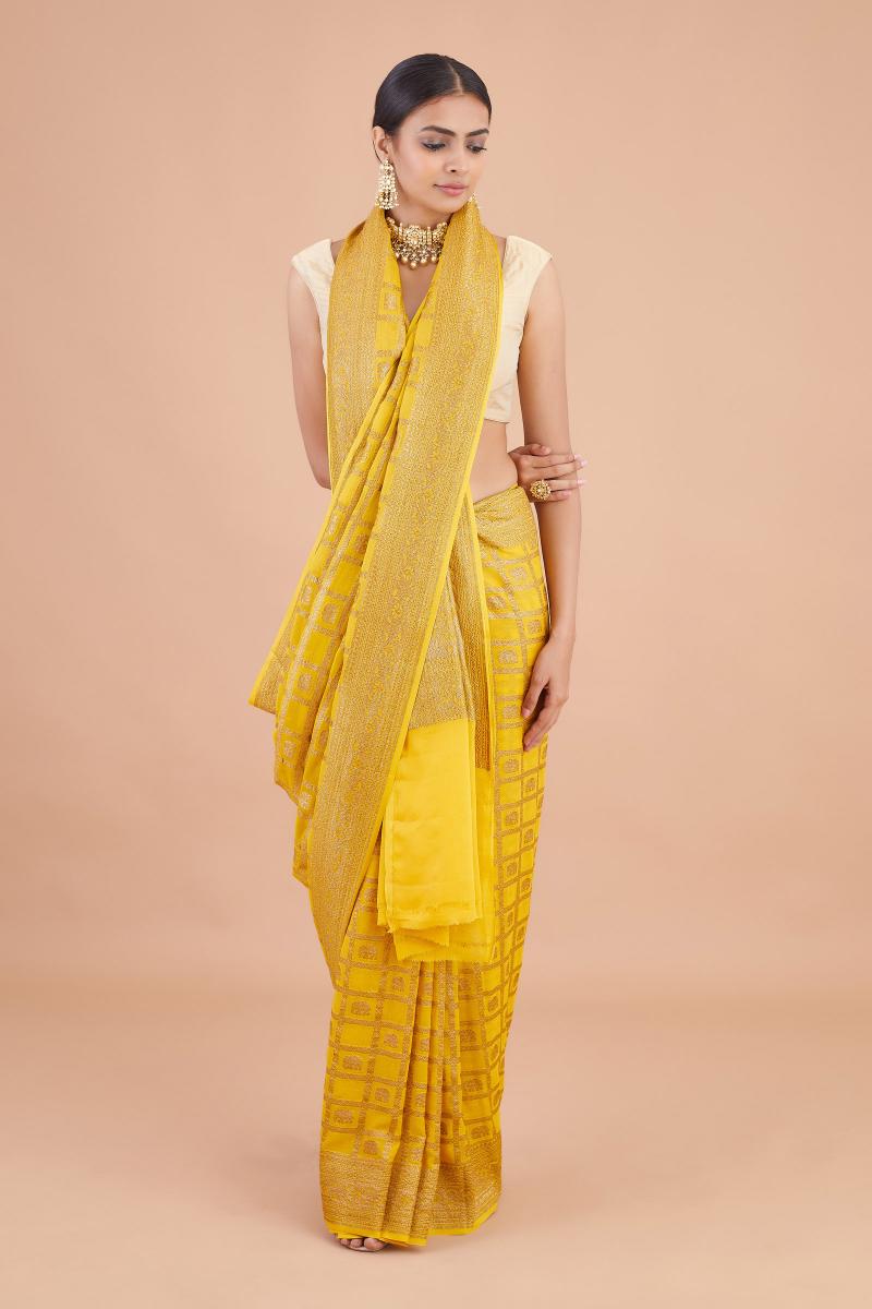 Buy Elephant Motif Mustard Saree For Women Online