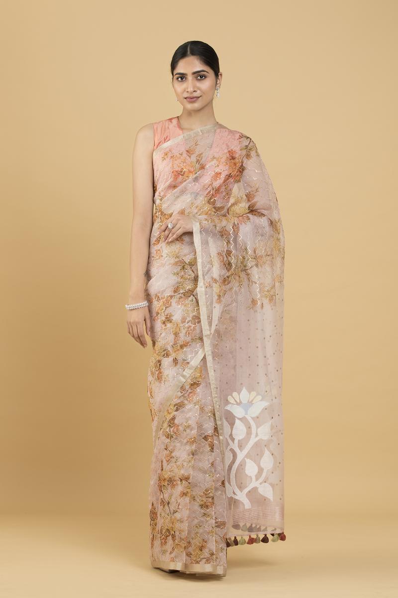 Buy Rose Pink Floral Print Organza Saree For Women Online
