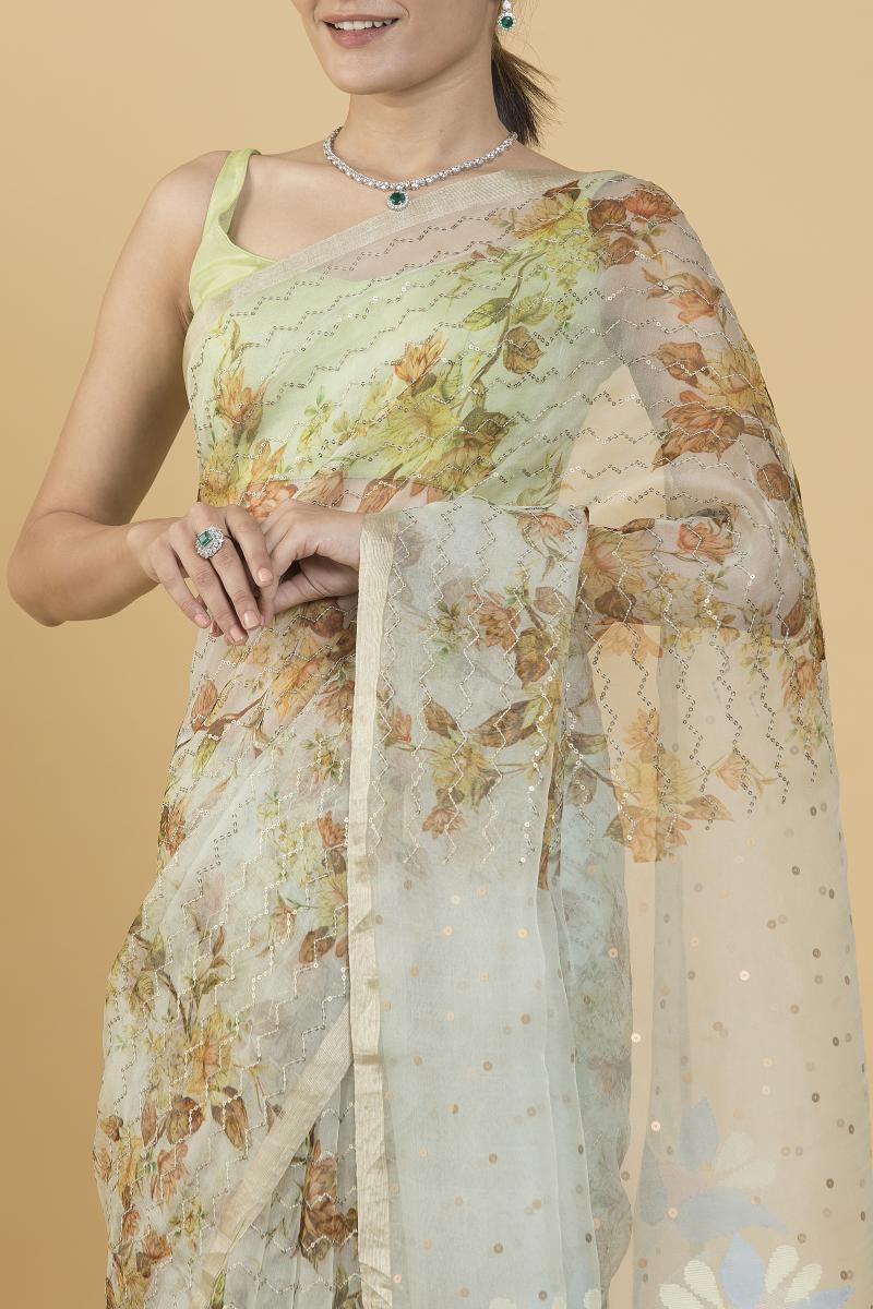 Buy Mint Green Floral Print Sequinned Organza Saree For Women Online