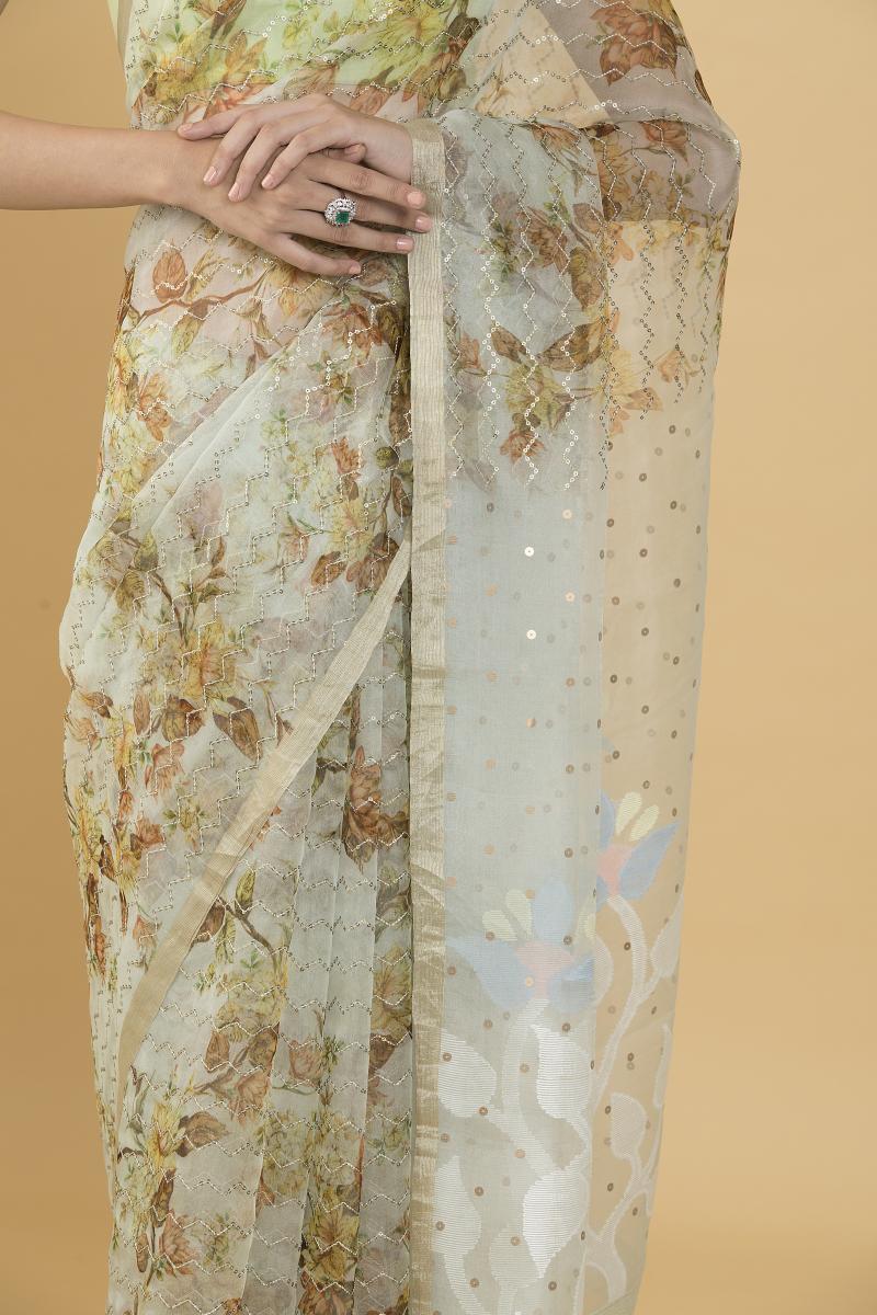 Buy Mint Green Floral Print Sequinned Organza Saree For Women Online