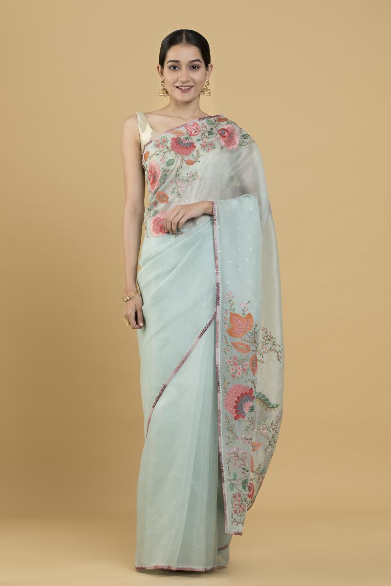 Buy Powder Blue Floral Embroidered Saree For Women Online