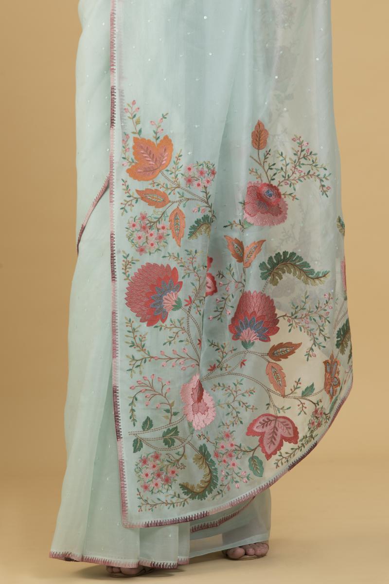 Buy Powder Blue Floral Embroidered Saree For Women Online