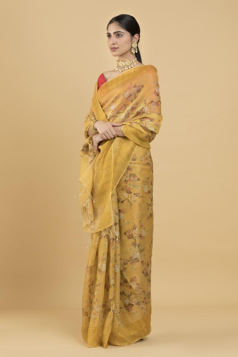 Buy Turmeric Yellow Floral Print Tussar Saree For Women Online ...