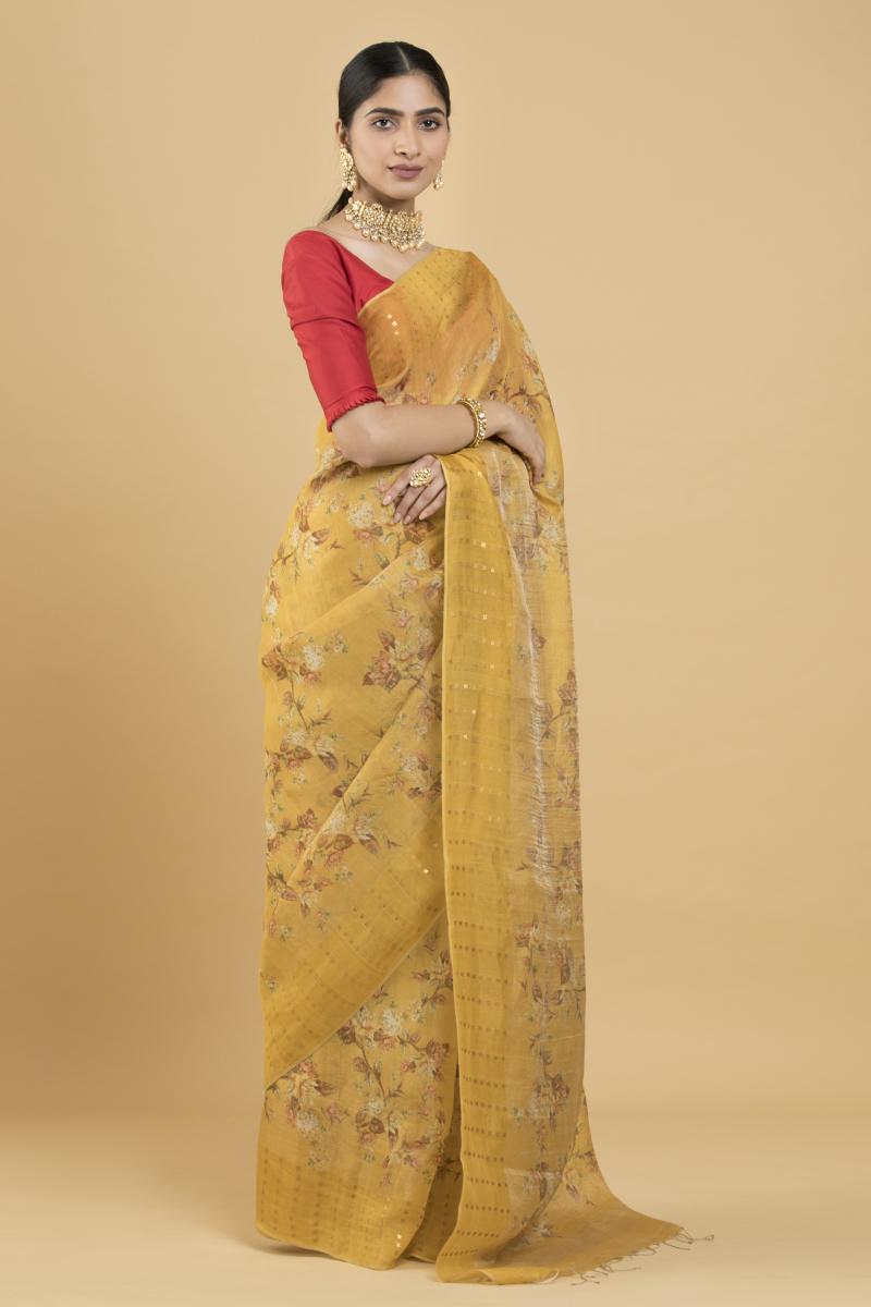 Buy Turmeric Yellow Floral Print Tussar Saree For Women Online ...