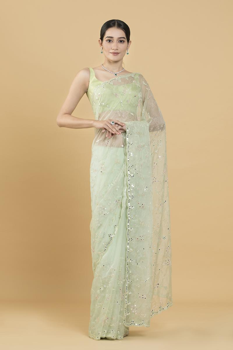 Buy Mint Green Mirror Work Organza Saree For Women Online