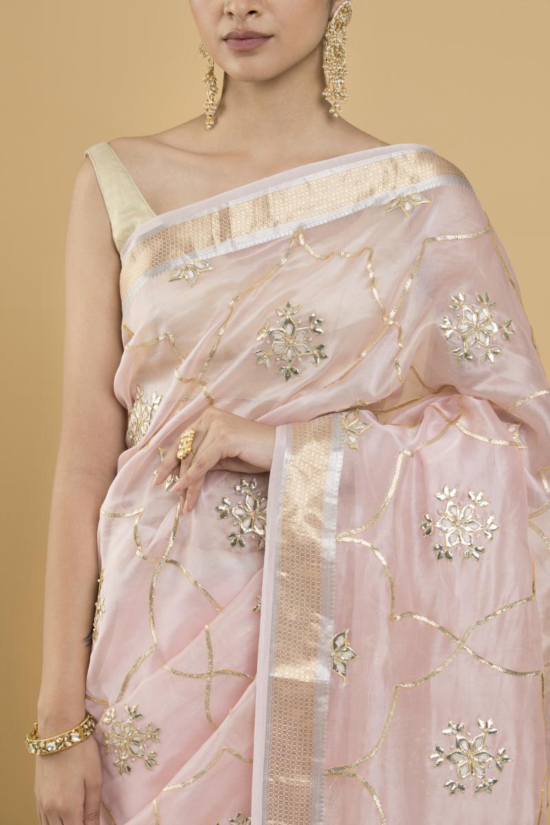 Buy Rose Pink Floral Organza Saree For Women Online