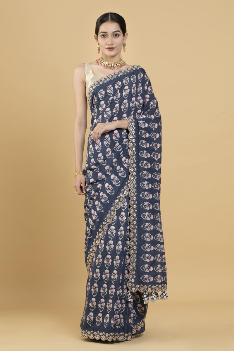 Buy Space Blue Floral Print Embroidered Satin Saree For Women Online