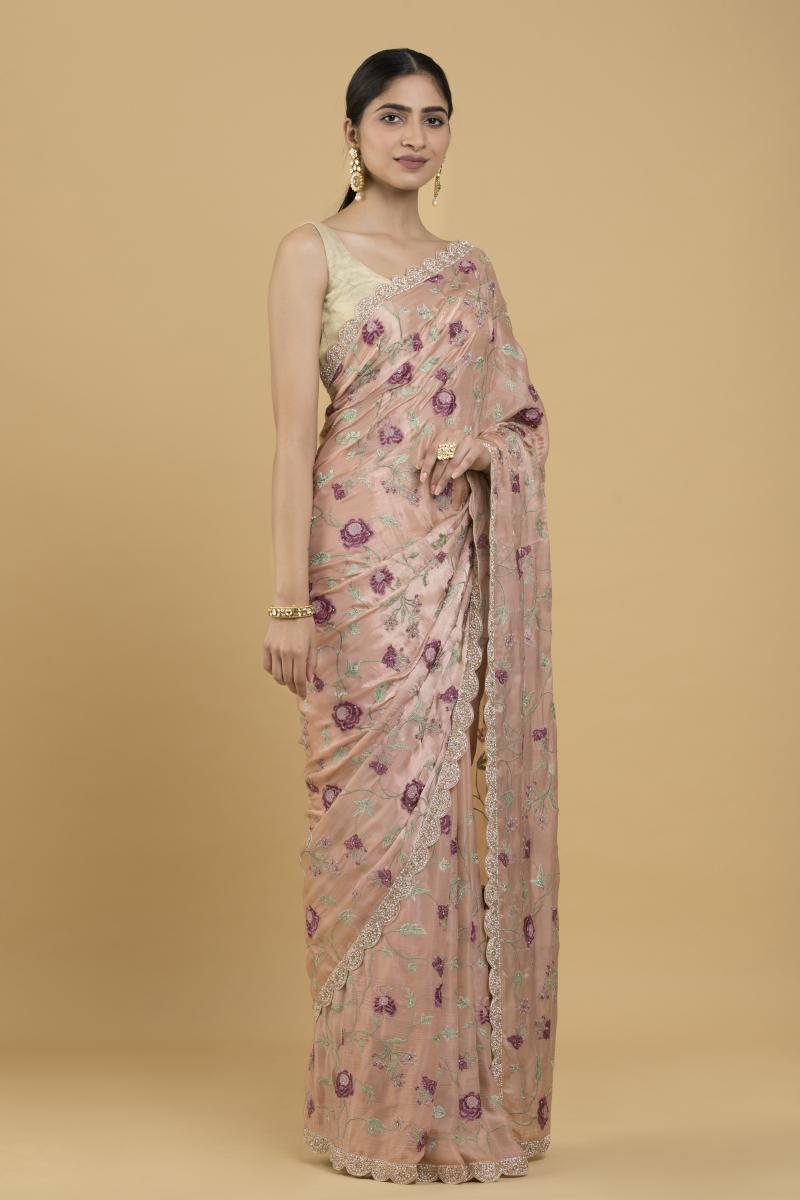 Buy Rose Pink Embroidered Saree For Women Online - Frontierraas