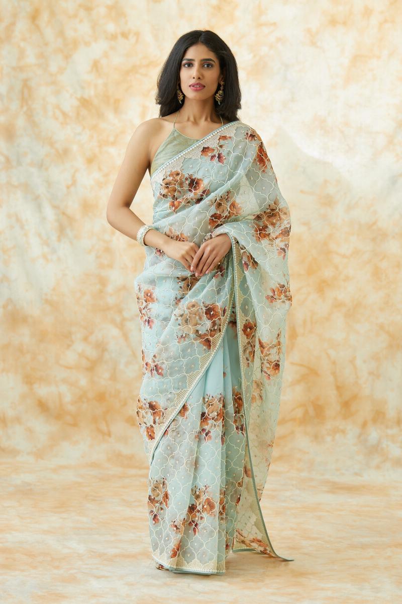 Buy Powder Blue Organza Floral Saree For Women Online - Frontierraas