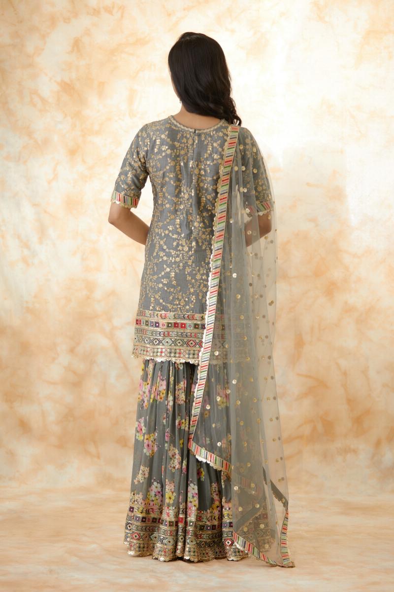 Buy Seal Grey Raw Silk Sharara Suit For Women Online - Frontierraas
