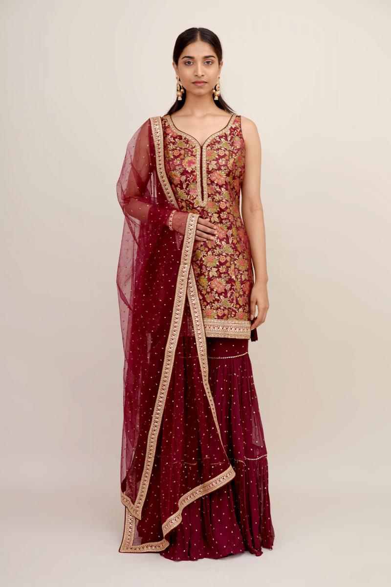 Buy Mulberry Wine Silk Garara Suit For Women Online - Frontierraas
