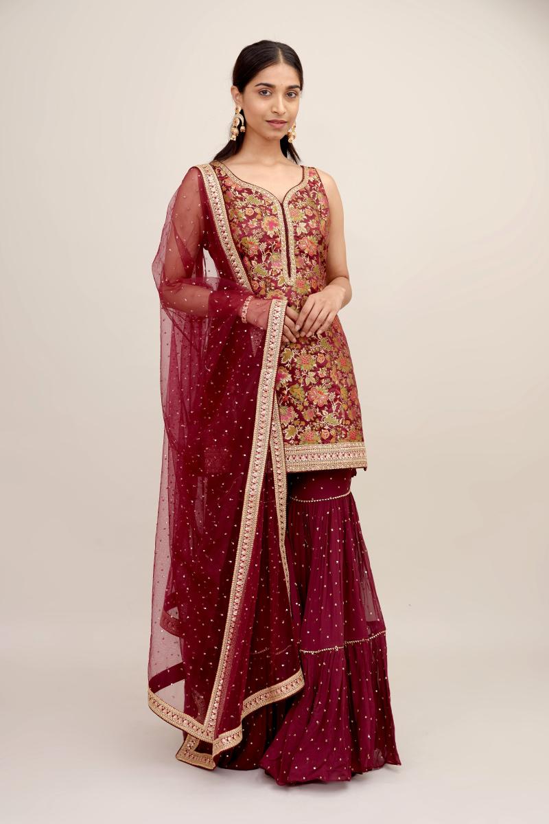 Buy Mulberry Wine Silk Garara Suit For Women Online - Frontierraas