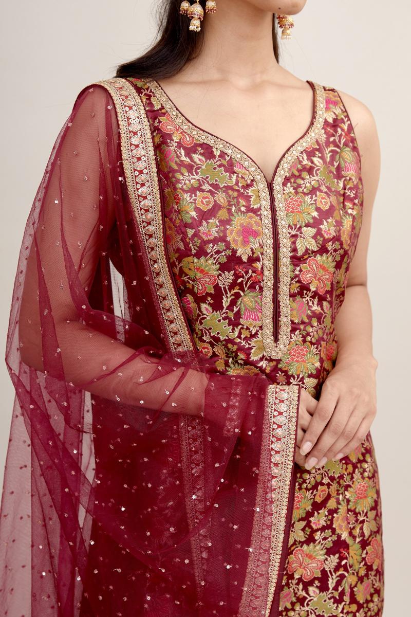 Buy Mulberry Wine Silk Garara Suit For Women Online - Frontierraas