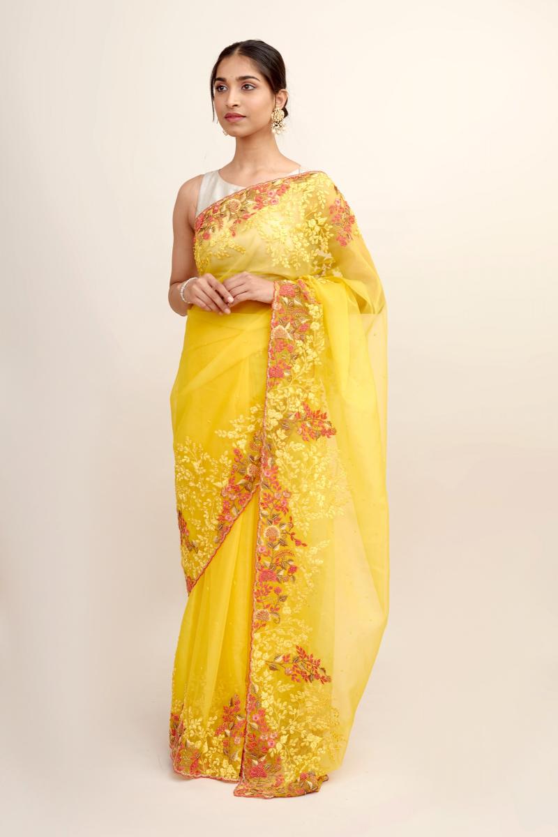 Buy Daisy Yellow Organza Saree For Women Online - Frontierraas