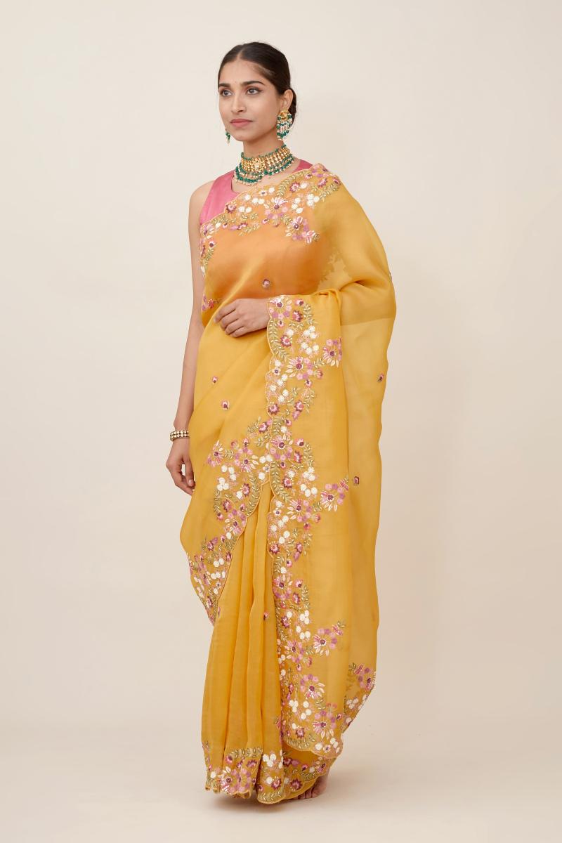 Buy Tuscany Yellow Organza Saree For Women Online - Frontierraas