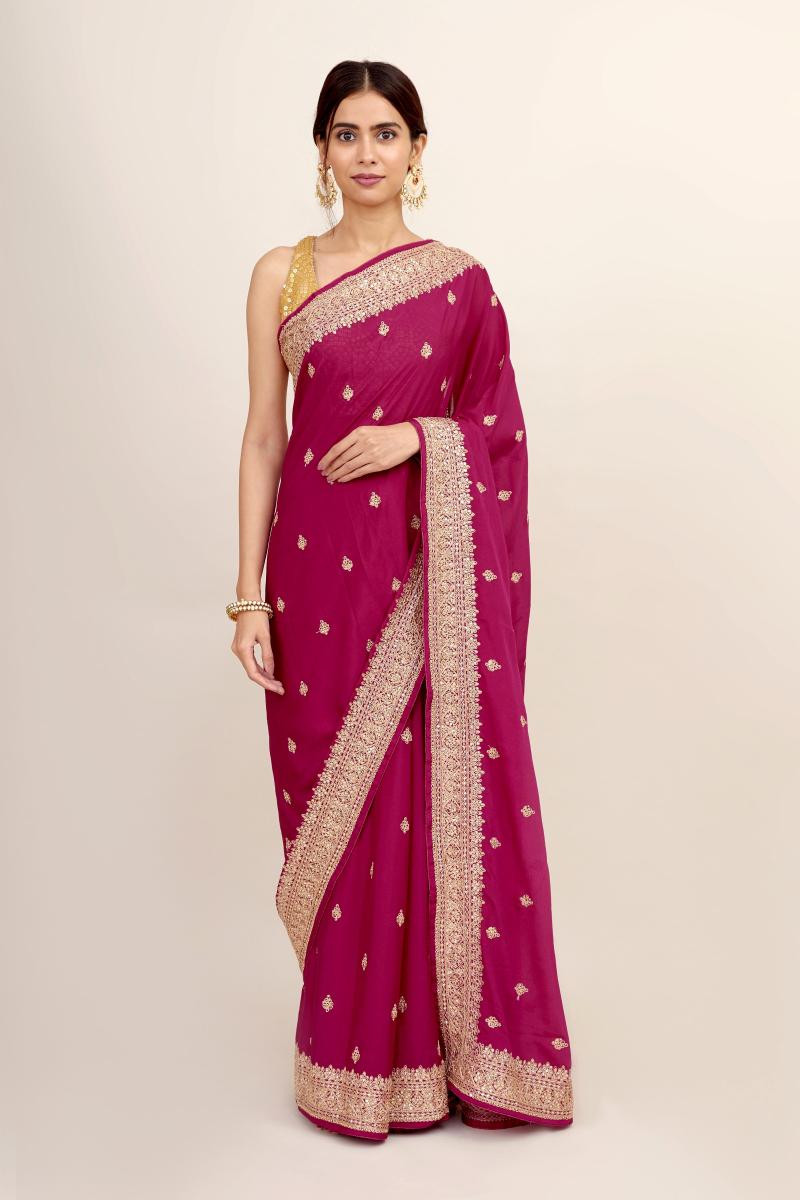 Buy Carmine Red Crepe Saree For Women Online - Frontierraas