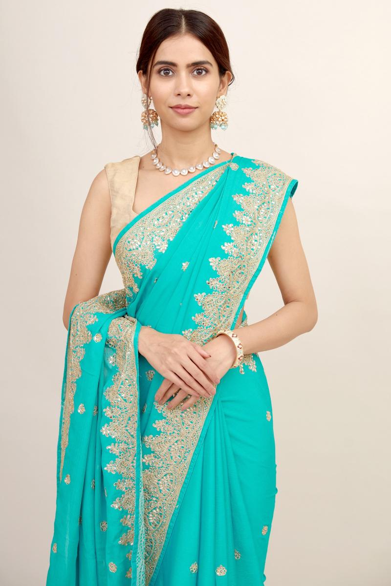 Buy Firoza Blue Crepe Saree For Women Online - Frontierraas
